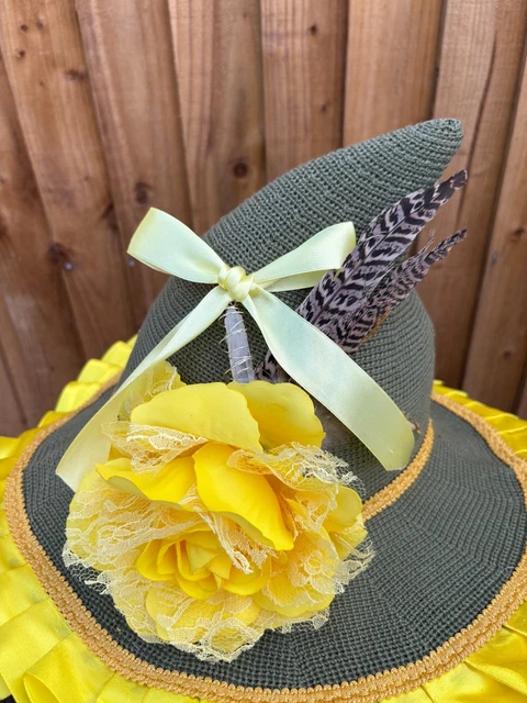 PRETTY GREEN YELLOW Witches Hat Feathers Potter Roses Ruffle (11 ...