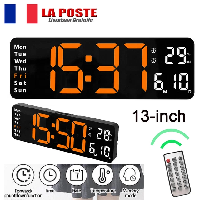 GRAND DIRIGÉ HORLOGE murale numérique température Date jour télécommande EUR 29,99 - PicClick FR