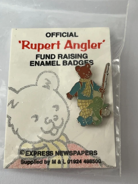 RUPERT BEAR COLLECTABLE Badge * Rupert Angler * fund raising, brown ...
