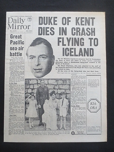 WW2 NEWSPAPER DUKE of Kent Killed Air Crash PACIFIC Daily Mirror August ...