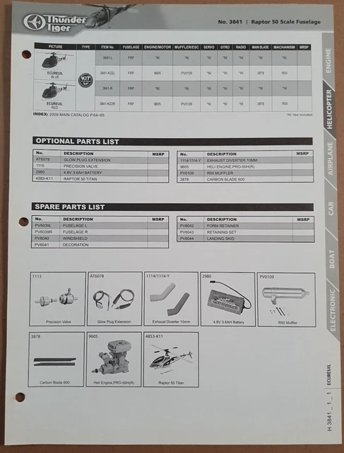 THUNDER TIGER ECUREUIL Blue/Red Helicopter Parts List diagram sheet £8. ...