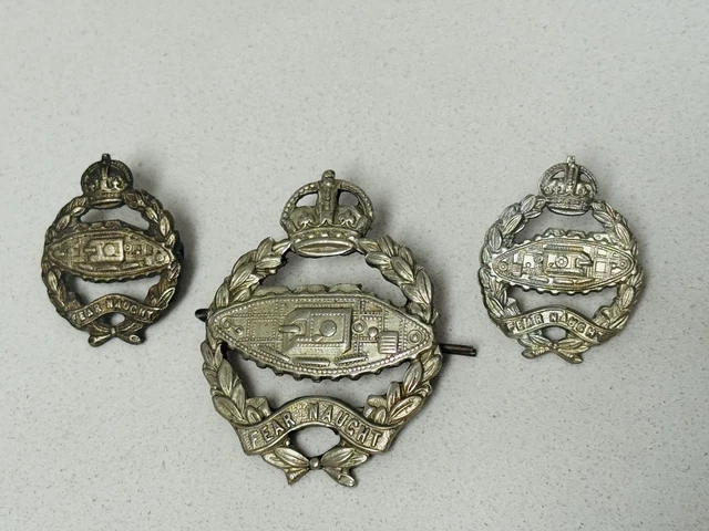 ROYAL TANK CORPS British Military Army KC Metal Cap Badge & 2 Collar ...