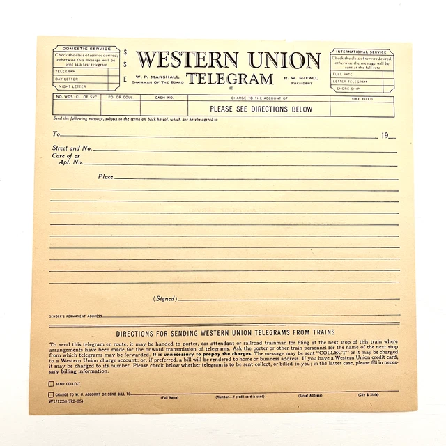 WESTERN UNION TELEGRAM Co Blank Paper Letter Cablegram Ship Radiogram ...