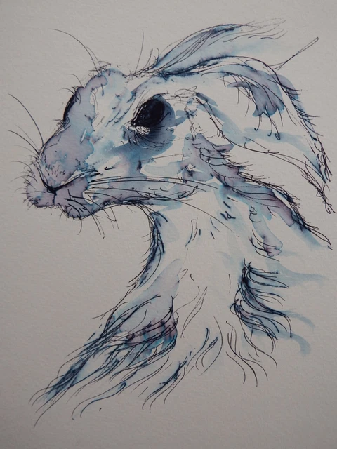 ORIGINAL PEN & ink drawing of the face head of a hare on ivory ...