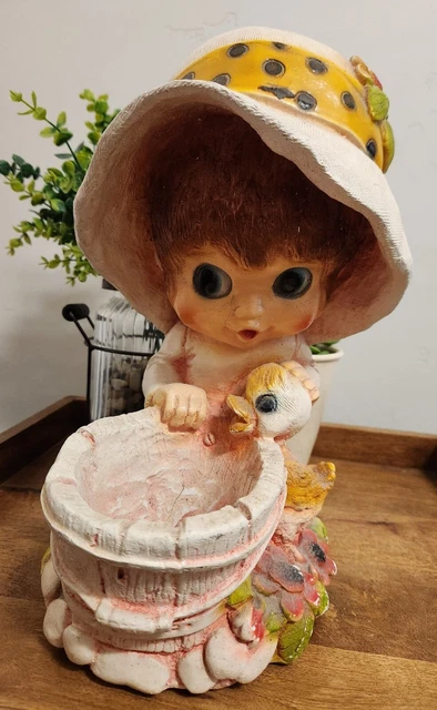 VINTAGE GIRL W/ Bonnet, Duck & Bucket Outdoor Plaster Planter 14"x9"x8 ...