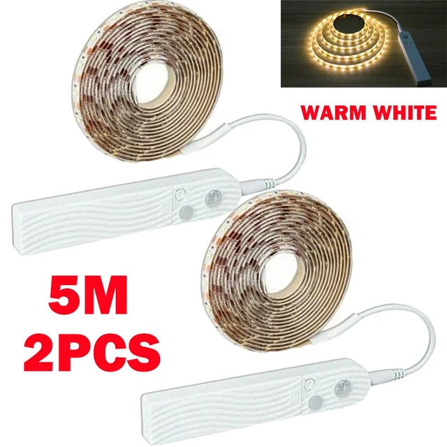 2X 5M WARM White PIR Motion Sensor LED Strips Light Stairs Cabinet ...