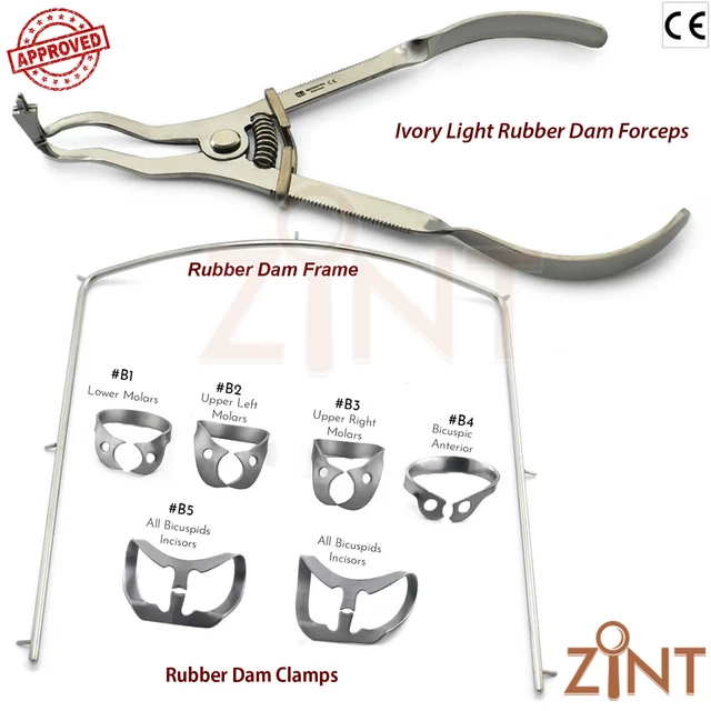 RUBBER DAM KIT Ivory Forceps Frame Assorted Clamps Endodontic Dental ...