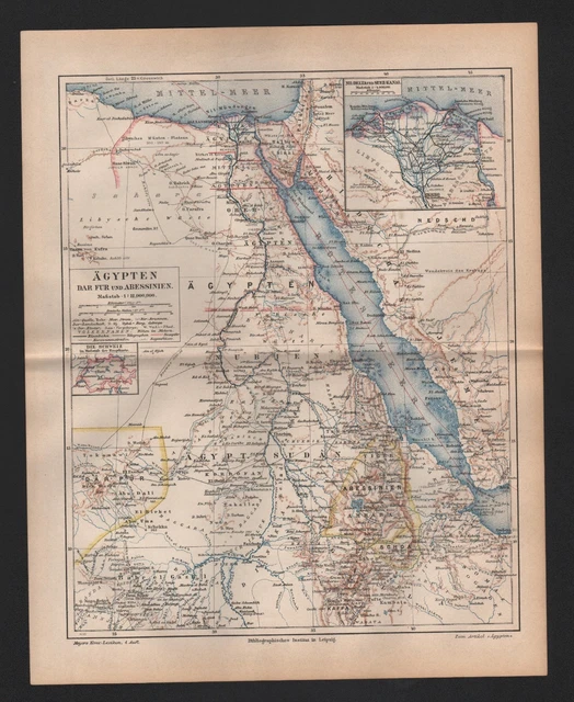 LANDKARTE MAP 1890: ÄGYPTEN, DAR FUR und ABESSINIEN. Afrika Africa £12. ...