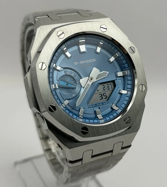 CUSTOM CASIO G Shock GA2100 Casioak Silver Blue AP Royal Oak Mod Watch ...