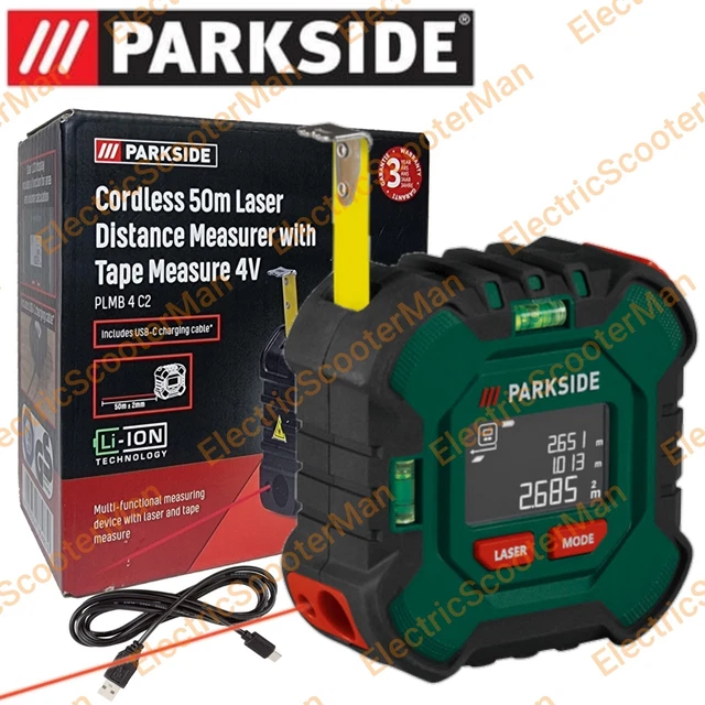 PARKSIDE 4V CORDLESS 50m Laser Distance Measurer with Tape Measure ...
