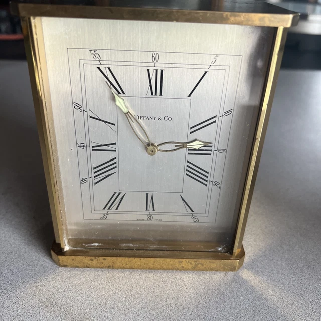 VINTAGE TIFFANY & Co. Swiss Mechanical Desk Clock Heavy Brass Case Runs ...