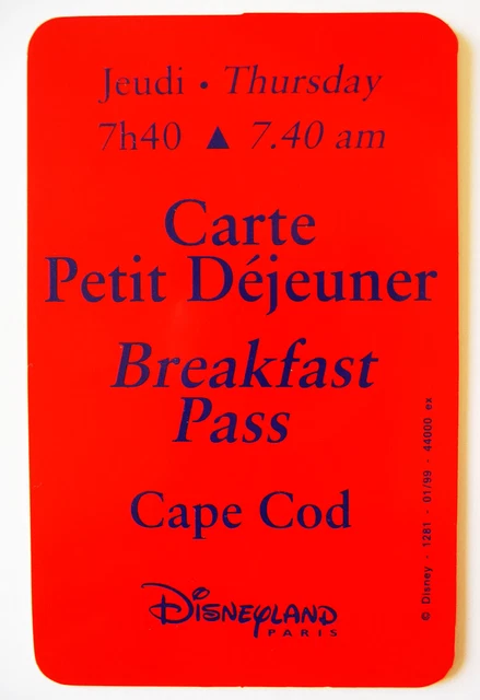 CARTE PETIT DEJEUNER / PASSEPORT DISNEYLAND / CAPE COD 01/99 - JEUDI ...