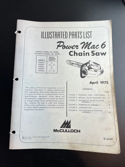 VINTAGE DEALER MCCULLOCH Illustrated Parts List 1975 Power Mac 6 G7041 ...
