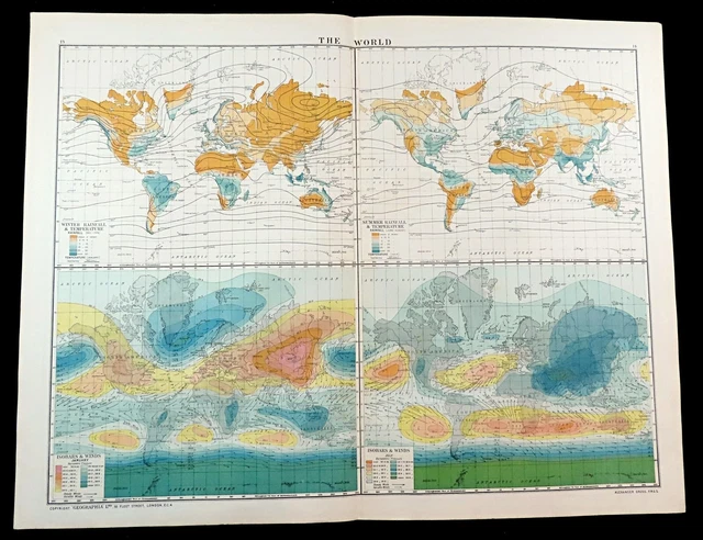 MAP OF THE World Weather Climate Meteorology Chart Post WW1 Antique ...