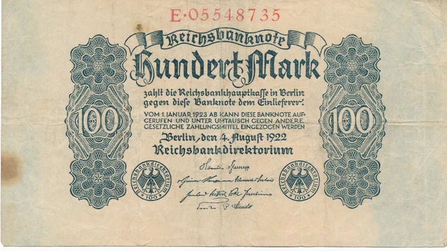 ALLEMAGNE REICHSBANKNOTEN 100 Mark 1922 Ro. 72 EUR 7,20 - PicClick FR