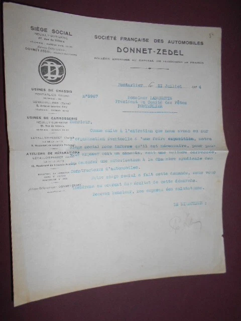 ANCIENNE LETTRE AUTOMOBILES Donnet Zedel Pontarlier 1924 EUR 12,00 ...
