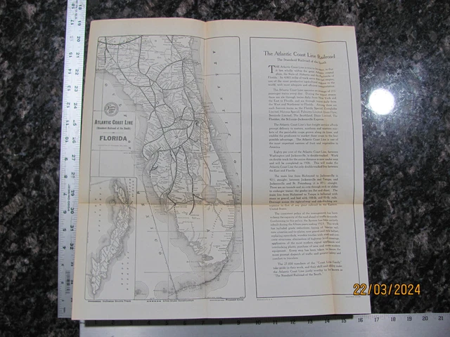 RARE 1924 ATLANTIC Coast Line Railroad System Map In Florida Map Of Rr ...