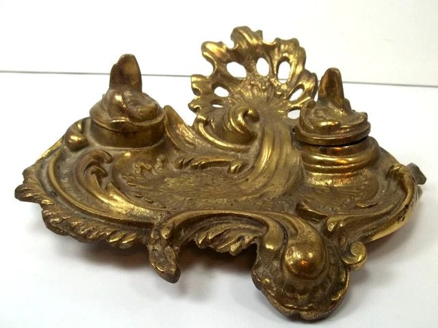 VINTAGE BRASS ART Nouveau Ink Well Ornate Footed Double Ink Wells $89. ...