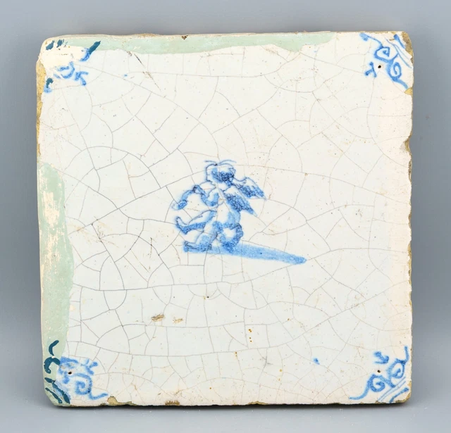 ANTIQUE DUTCH DELFT Tile Cupid Angel Blue & White Faience 18th Century ...