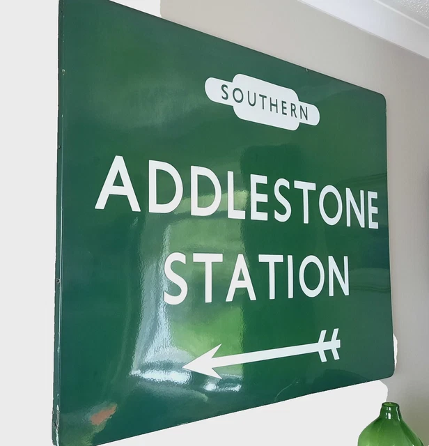 VERY LARGE ORIGINAL ENAMEL station sign, ADDLESTONE STATION, fully ...