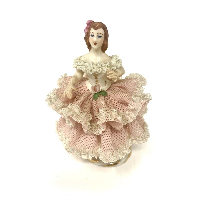 DRESDEN LADY PINK White Lace Porcelain Ballerina Dance Hall Girl German ...