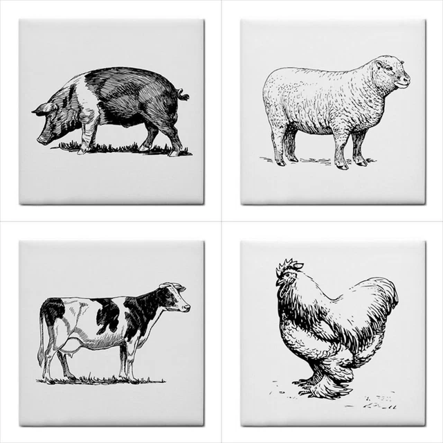 FARM ANIMALS CERAMIC Tile Set Art 4 Decorative Kitchen Backsplash Tiles ...