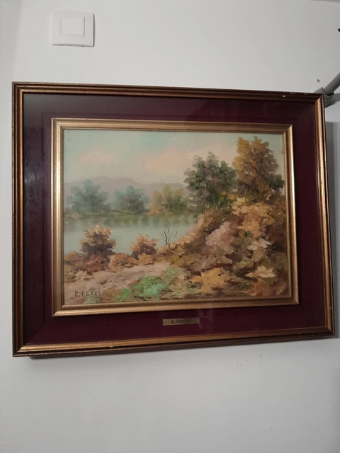 RARE ANCIEN TABLEAU Huile Peinture Barbizon Signé Ferri Cadre Vitré ...
