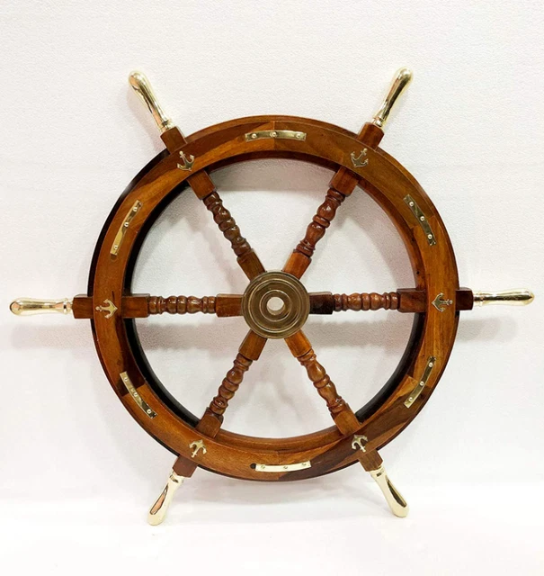 VOLANT DE BATEAU maritime en bois de teck, 30 pouces, moyeu en laiton, mur... EUR 231,10 ...