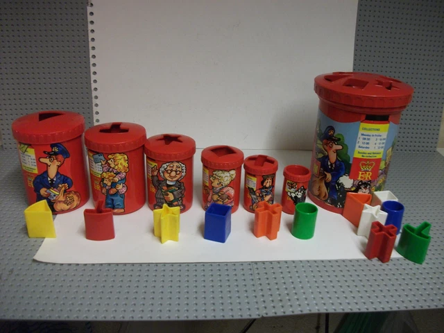 ORIGINAL 1980S MERIT POSTMAN PAT SHAPE SORTING TOY ALL 6 CANS & ALL ...