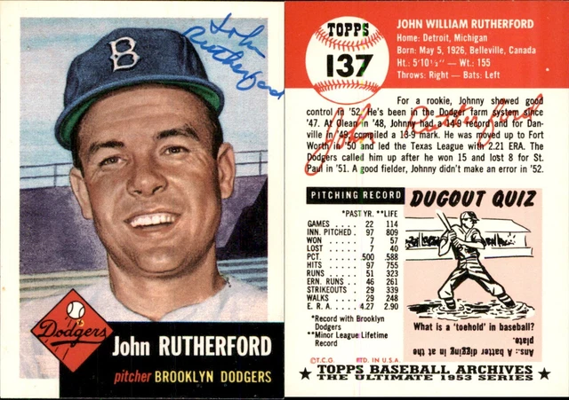 CARTE JOHN RUTHERFORD signée 1991 Topps Archives 1953 #137 Brooklyn ...