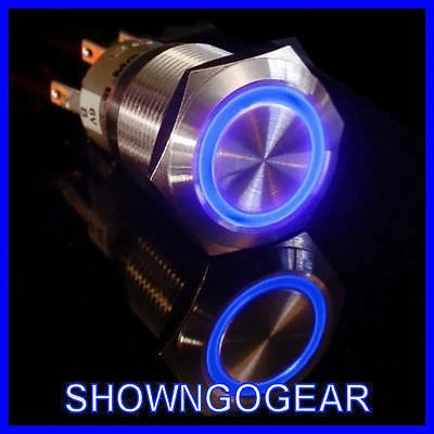 ILLUMINATED BLUE 16MM Led Ring Push Button Switch 12V Hotrod Chev Ford ...