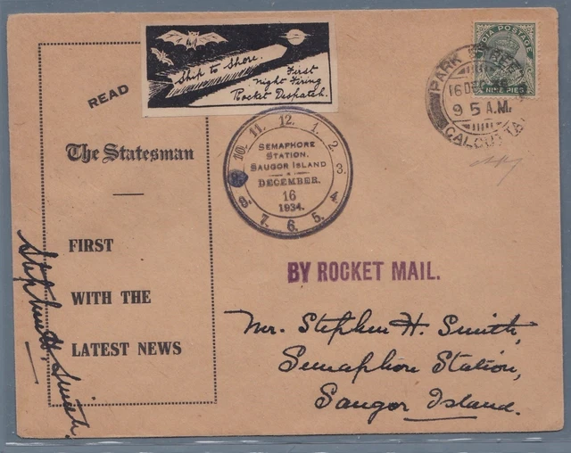 1934 INDIA ROCKET Mail Letter from Calcutta to Semaphore Station ...
