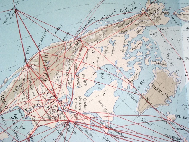 1958 VINTAGE MAP Of World Air Routes Transportation Airlines America ...