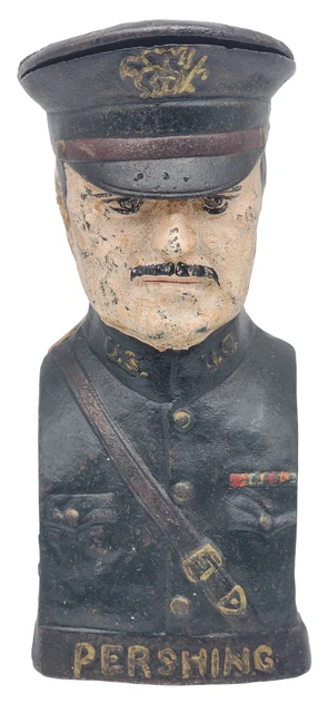 ANTIQUE WW1 US General John J Pershing Cast Iron Coin Penny Bank £144. ...
