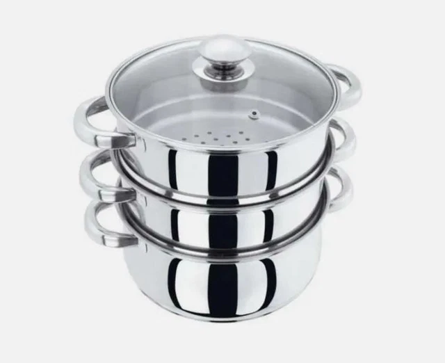 3 TIER STAINLESS Steel Steamer Cooker Pot Set Pan Cook Food Glass Lids ...