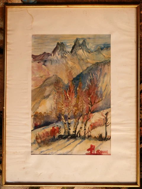 GRAND TABLEAU AQUARELLE signée: paysage de montagne EUR 15,00 - PicClick FR