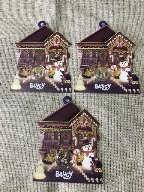 3 X 2025 $1 RAM “Bluey” Christmas Coloured UNC Coin On Plastic Card ...