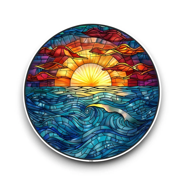 LARGE OCEAN LANDSCAPE Stained Glass Window Design Opaque Vinyl Sticker ...