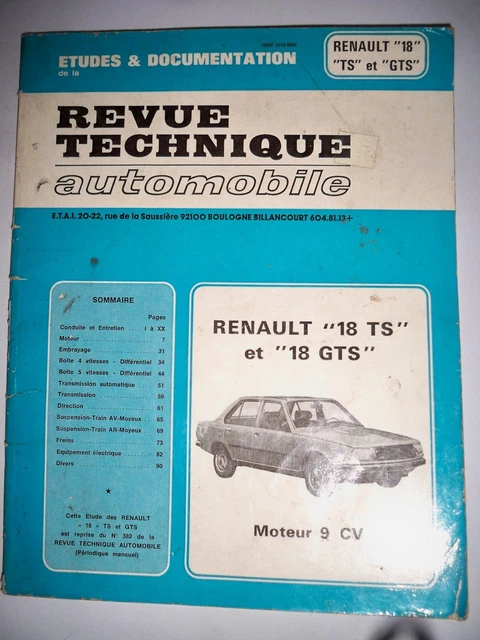 RENAULT 18 R18 TS GTS (moteur 9CV) - Revue Technique Automobile RTA EUR ...
