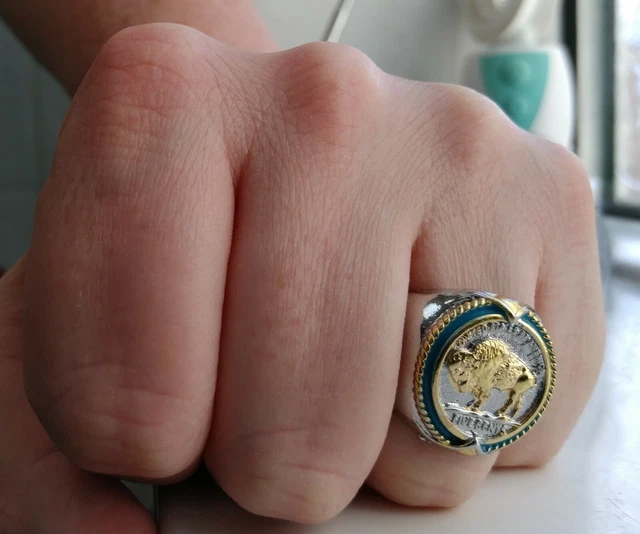 BUFFALO NICKEL SILVER Gold Coin Ring Wild West Animal Cowboys Indians ...
