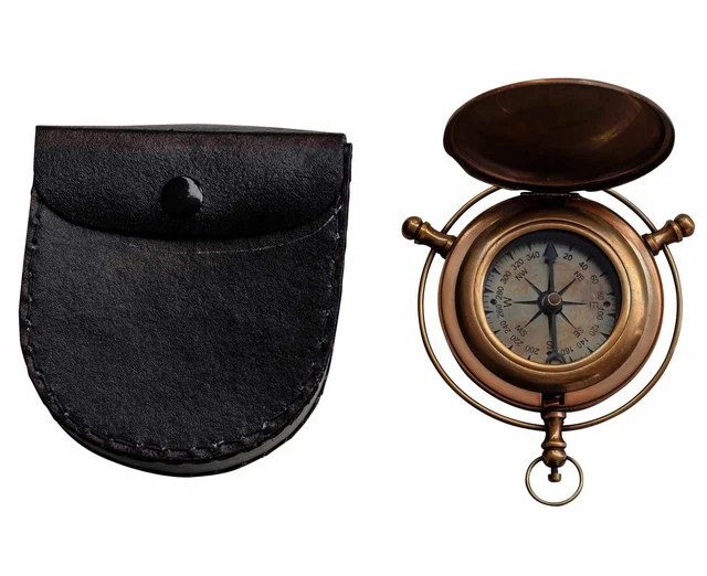 COMPAS BOUSSOLE MARITIME laiton verre bateau cuir style antique ...