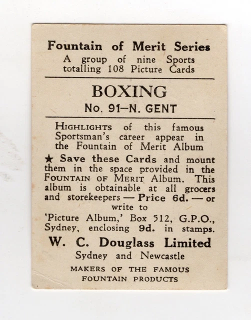AUSTRALIAN TRADE CARD. Fountain of Merit. #91 Boxing Norm Gent $14.99 ...