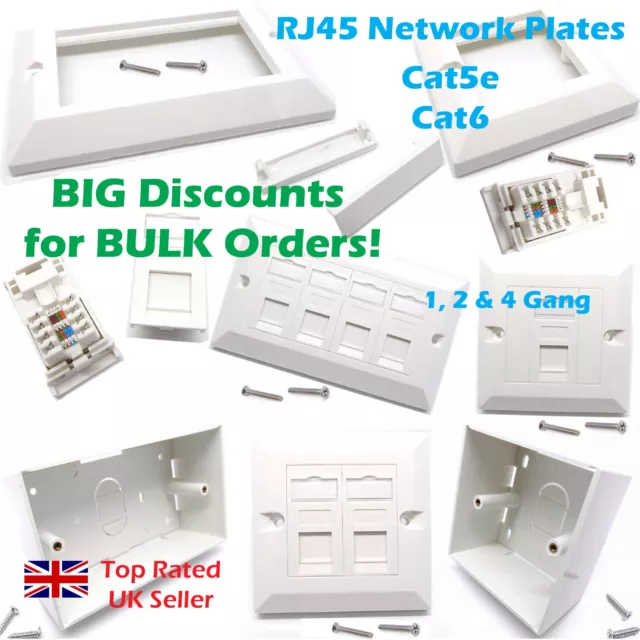 MODULAR FACE PLATE Back Box Keystone Jack RJ45 Cat5e Cat6 Network 2 /4 ...