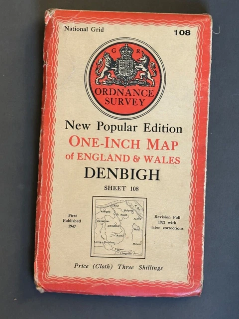 VINTAGE ORDNANCE SURVEY One Inch Cloth Map, of Denbigh, no 108, 1947 £8 ...