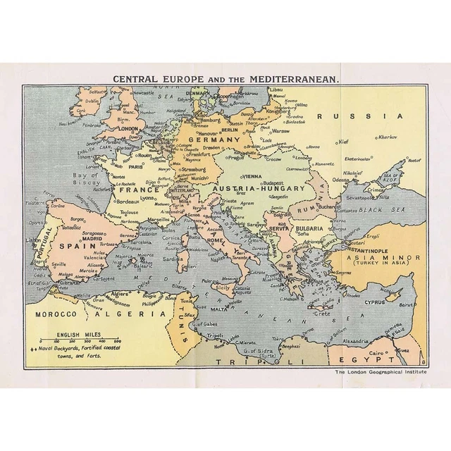 WW1 MAP OF Central Europe Showing Naval Dockyards & Forts - Antique Map ...