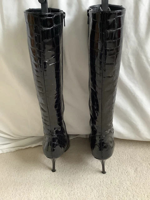 BLACK PATENT KNEE High Stiletto Boots Moc Croc Pattern Size 38 £52.70 ...