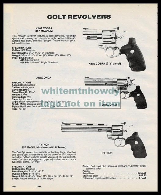 1991 COLT KING Cobra Anaconda Python Revolver AD w/ specs & original ...
