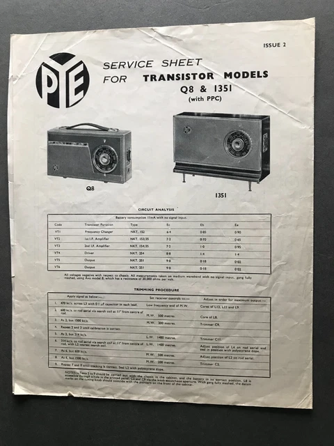 VINTAGE PYE RADIO Cambridge Transistor Radios Q8 and 1351 Service Sheet ...