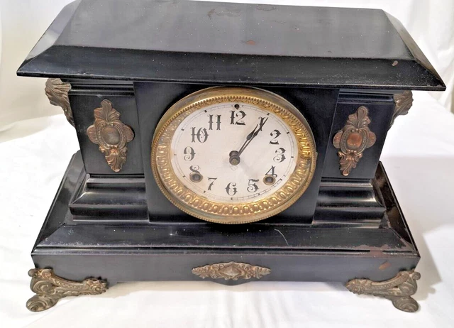 ANTIQUE ANSONIA MANTEL Clock Rare Cast Iron w American Indian Brass ...