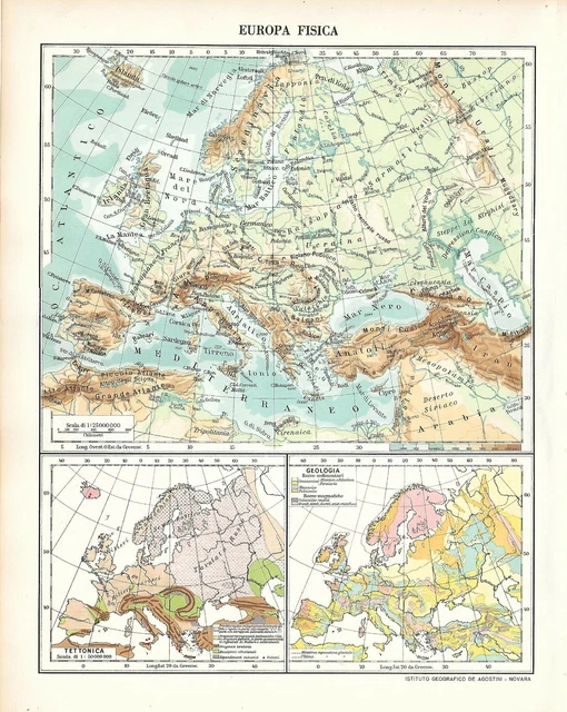 1956 GEOGRAPHIC MAP EUROPE PHYSICS TECTONIC GEOLOGY Istituto De ...